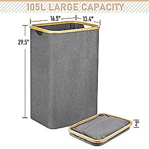105L X-Large Foldable Laundry Basket with Bamboo Handles, Collapsible Laundry Hamper for Storage, Clothes Towels Blankets Toys Organizer for Bathroom, Bedroom, Dorm Room Essentials - Pack of 1 Gray