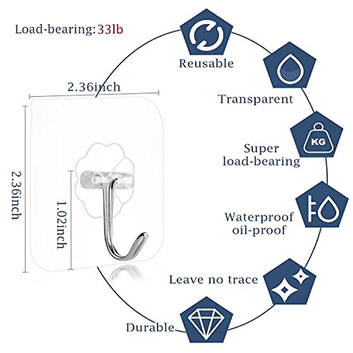 BIEOFFEI Wall Hooks - 12 Packs Adhesive Hooks Heavy Duty 33lb (Max), Reusable Bathroom Hooks, Waterproof and Oilproof Seamless Strong Hooks for Kitchen Bathroom Home and Office