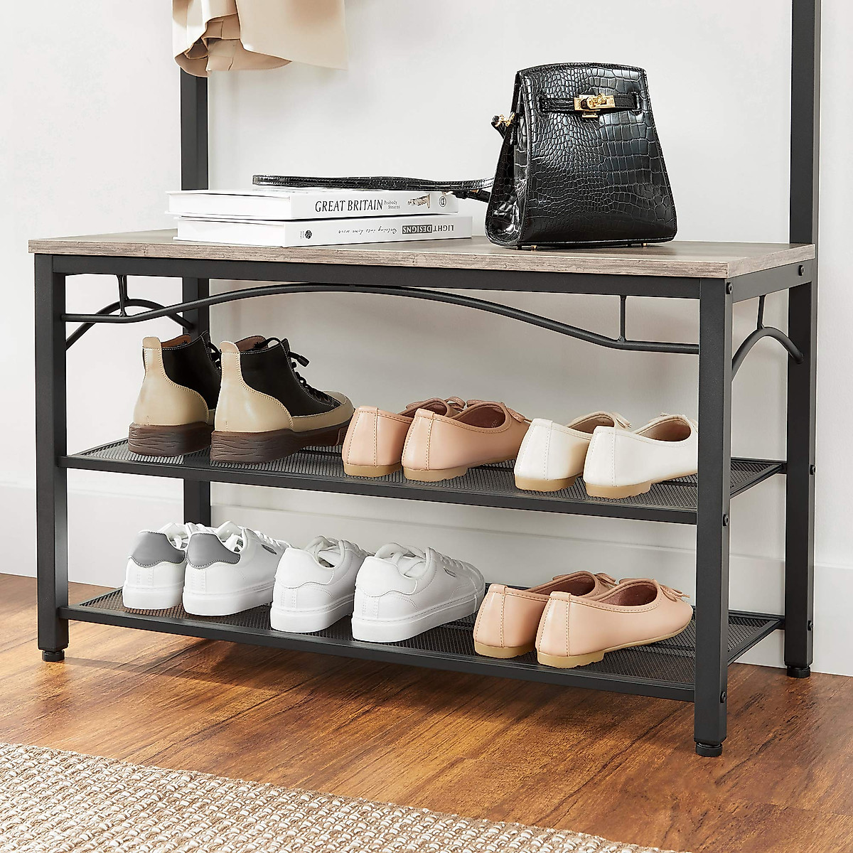 VASAGLE Shoe Bench Rack, 3-Tier Storage Shelf for Entryway Hallway Living Room, Industrial Accent Furniture with Steel Frame, 12.6 x 31.5 x 70.3 Inches, Greige
