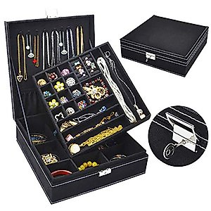 Jewelry Box for Women, QBeel 2 Layer 36 Compartments Necklace Jewelry Organizer with Lock Jewelry Holder for Earrings Bracelets Rings - Black