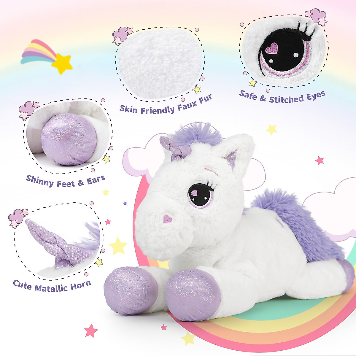 DOLDOA 23.5 inch Cute White Giant Stuffed Unicorn Pillow Plush Animals Unicorn Toy Gift for Girls Kids