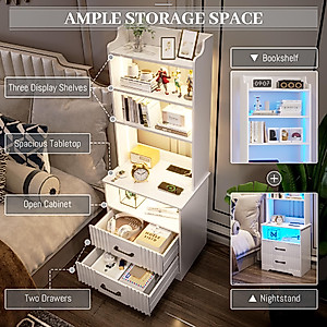 Vlsrka Tall Nightstand with Charging Station, 54" Smart Nightstand with LED Lights, Modern Night Stand with Bookshelf, Bedside Tables with Storage Cabinet for Bedroom, White