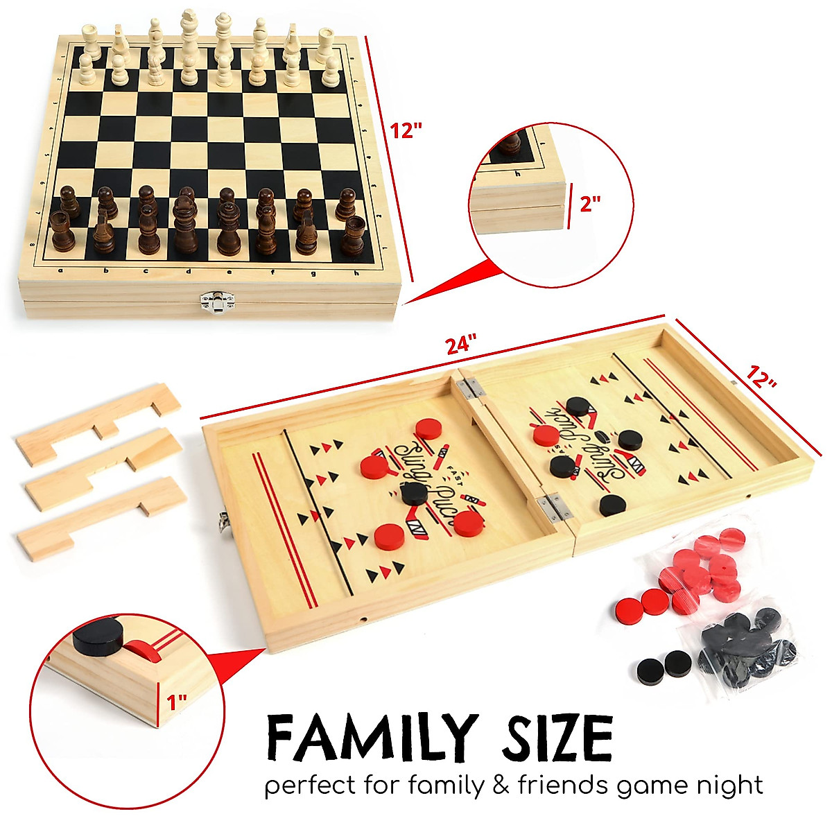 LARGE 4 in 1 Chess Board Set, Sling Puck Game, Checkers, Tic Tac Toe - Wooden Hockey, Table Games for Family Games, Kids, Adults - 59 pc. Set Super Board Games Fast Sling Hockey Table Game