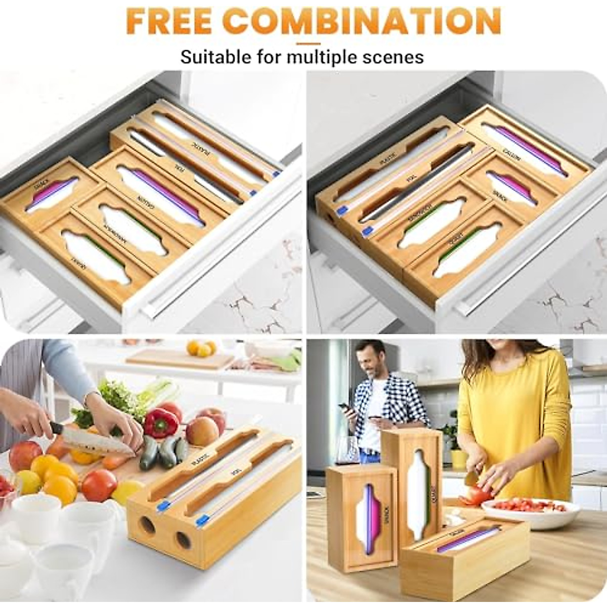 YITOBA 6 In 1 Bag Storage Organizer with Foil and Plastic Wrap Organizer, Extended Aluminum Foil Dispenser, Bamboo Baggie Organizer for Drawer, Sandwich Bag Organizer for Gallon, Quart, Snack