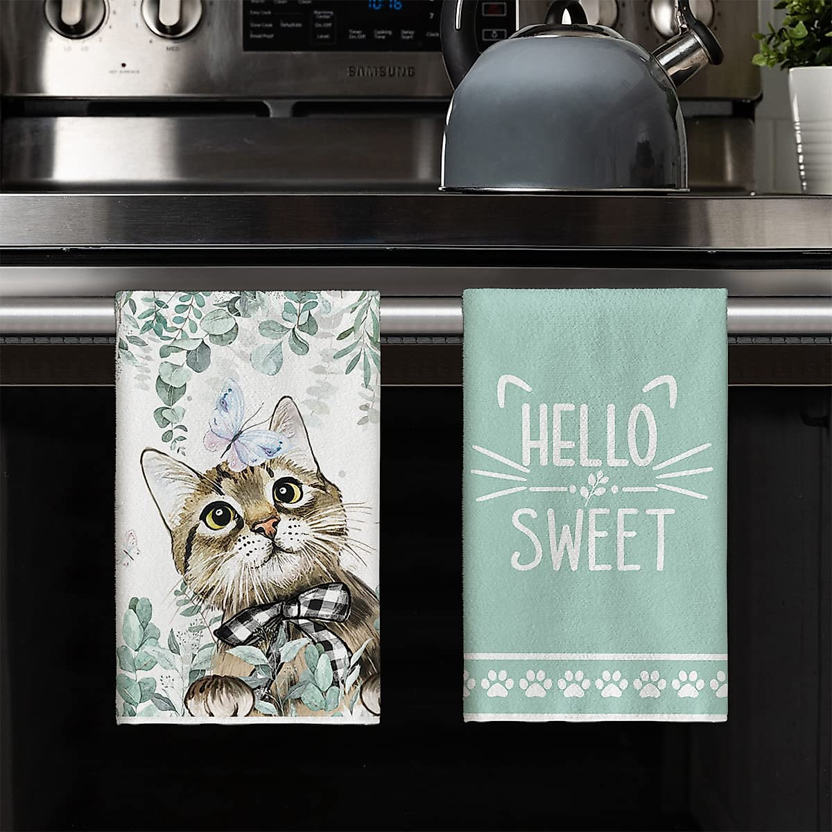 Artoid Mode Eucalyptus Leaves Cat Hello Sweet Kitchen Towels Dish Towels, 18x26 Inch Buffalo Plaid Bow Tie Holiday Decoration Hand Towels Set of 2