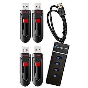 SanDisk Cruzer Glide 128GB Flash Drive (4 Pack) USB 2.0 Port Jump Drive Pen Drive (SDCZ60-128G-B35) Bundle with (1) Everything But Stromboli 4 Port USB 3.0 Hub