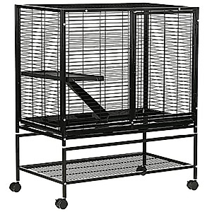 PawHut Guinea Pig Cage with Tray, Small Animal Habitat, Metal Wire Chinchilla Cage, Hedgehog Cage, Pet Ferret Cage with Wheels & Storage Shelf, Little Critter Cage
