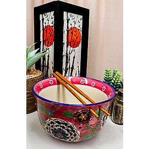 Ebros Mandala Floral Blooms With Pink Polkadot Art Splash Ramen Udon Noodles Large 6.25" Diameter Soup Bowl With Built In Rest and Bamboo Chopsticks Set for Rice Pasta Salad