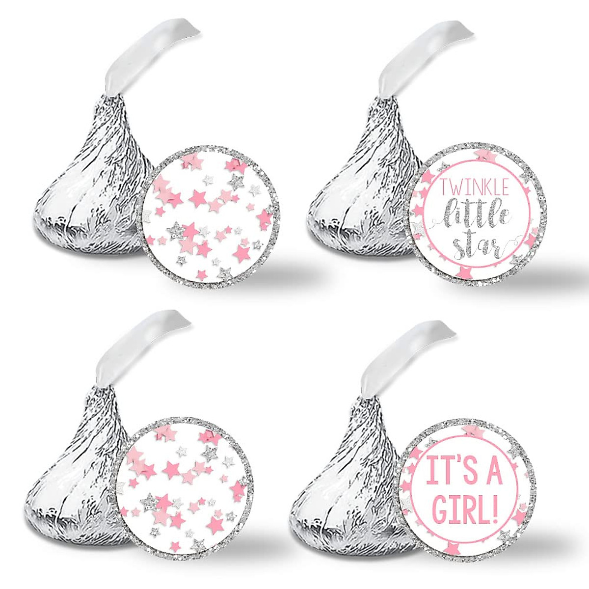 Pink & Silver Twinkle Little Star Girl Baby Sprinkle Baby Shower Kiss Sticker Labels, 300 0.75" Circle Stickers for Chocolate Kisses by Amanda Creation, Great for Favors, Treats, Envelopes & Bags