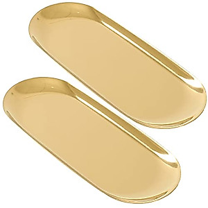 2 Pack Oval Decorative Brass Trays with Mirror Finish, 9”Small Gold Tray with Curved Lip, Dessert Table Serving Platter Vanity Jewelry Metal Tray for Desktop, Exxacttorch