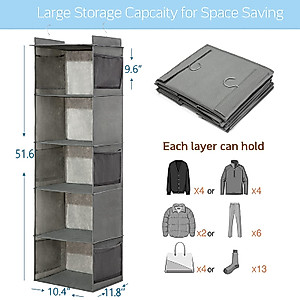 BSFHH Hanging Closet Organizer, 5-Shelf Closet Hanging Storage with 6 Side Pockets,Collapsible Hanging Shelves for Closet Oxford Cloth 10.4" W x 11.8" L x 51.6" H (Grey, 1 Pack)