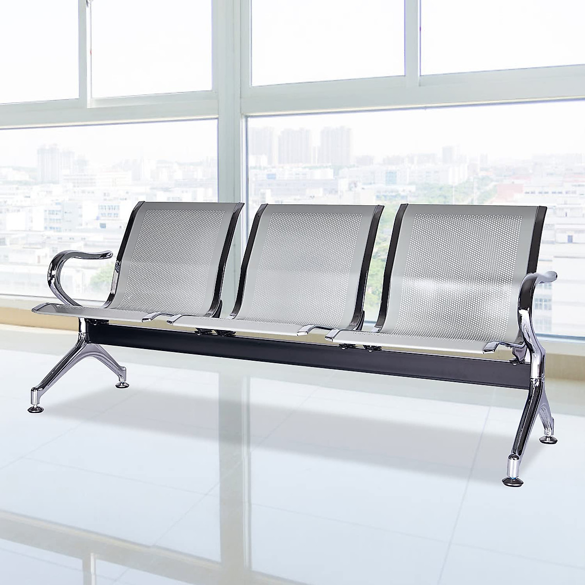 kinbor Waiting Room Chairs - Silver Reception Chairs, Waiting Room Bench for Clinic, 3 Seat Office Guest Chairs, Lobby Furniture for Hospital, Salon, Bank, Airport