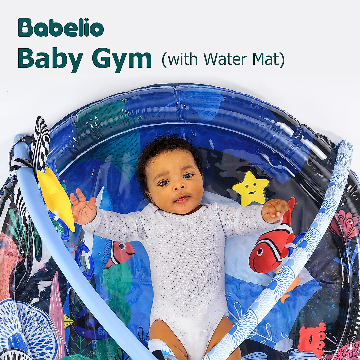 Babelio Baby Gym Mat & Tummy Time Water Mat 2 in 1, 3 Different Assembly Methods, 6 Activity Play Mat Toys, Sensory Development and Fun Experience for Infant, 33.5" x 33.5"