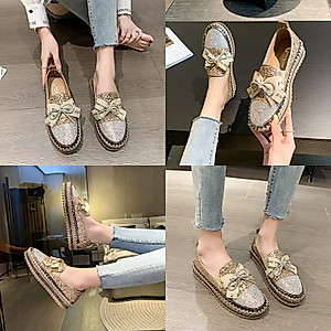 KCTRFSJ Women's Rhinestones Glitter Bow Platform Sneaker,Handmade Flat Casual Slip On Loafers,Comfort Low Top Walking Shoes (Pink,6,6)