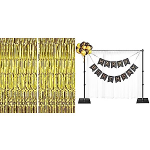 EMART 6.5x10ft Adjustable Photo Backdrop Pipe and Drape Stand Kit with 2 Pack 3.2 ft x 9.8 ft Gold Tinsel Backdrop for Wedding Birthday Christmas Party