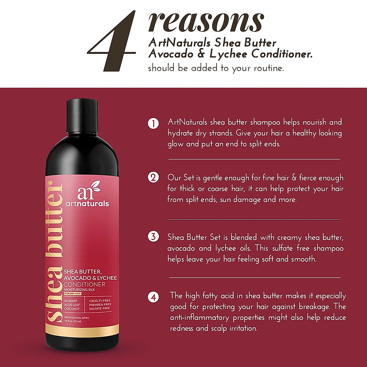 Shea Butter, Avocado & Lychee Conditioner, Moisturizing Blend, for Dry Hair, 16 fl oz (473 ml), artnaturals