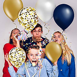 Kolavia 60PCS Navy Blue and Gold Confetti Balloons, Premium 12inch Pearl White and Gold Metallic Chrome Birthday Party Balloons, Balloons Bulk for Bridal Shower, Graduation Party Decoration