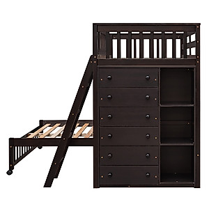 Harper & Bright Designs Twin Over Full Bunk Bed with 6 Storage Drawers and 3 Shelves, Wood Twin Loft Bed with Movable Lower Bed, No Box Spring Needed(Espresso, Bottom Bed with Wheels)