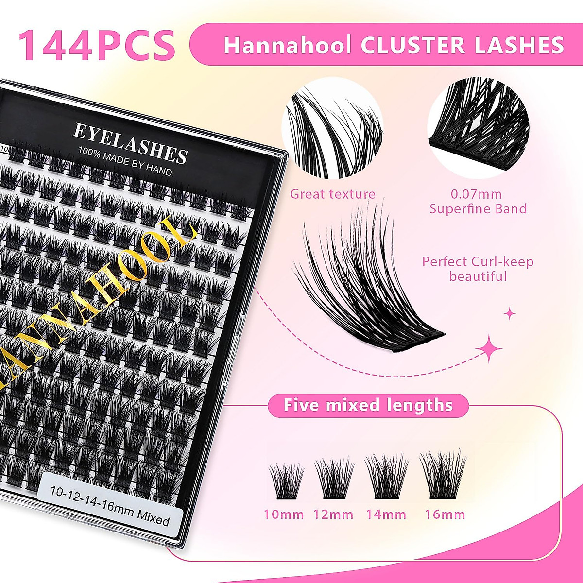 Hannahool Mixed 8-12-14-16mm/8-10-12-14mm/10-12-14-16mm/14-15-16mm Wide Stem Individual False Eyelashes Soft Lightweight Volume Eyelashes Extensions Makeup Cluster Lashes (Mixed 8-10-12-14mm)