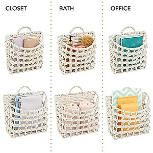 mDesign Woven Hyacinth Hanging Wall Mount Storage Organizer Basket - Rustic Hangable Mounted Market Baskets for Kitchen, Bathroom, Shelf - Holds Floral, Food, and Mail - Set of 2 - White Wash