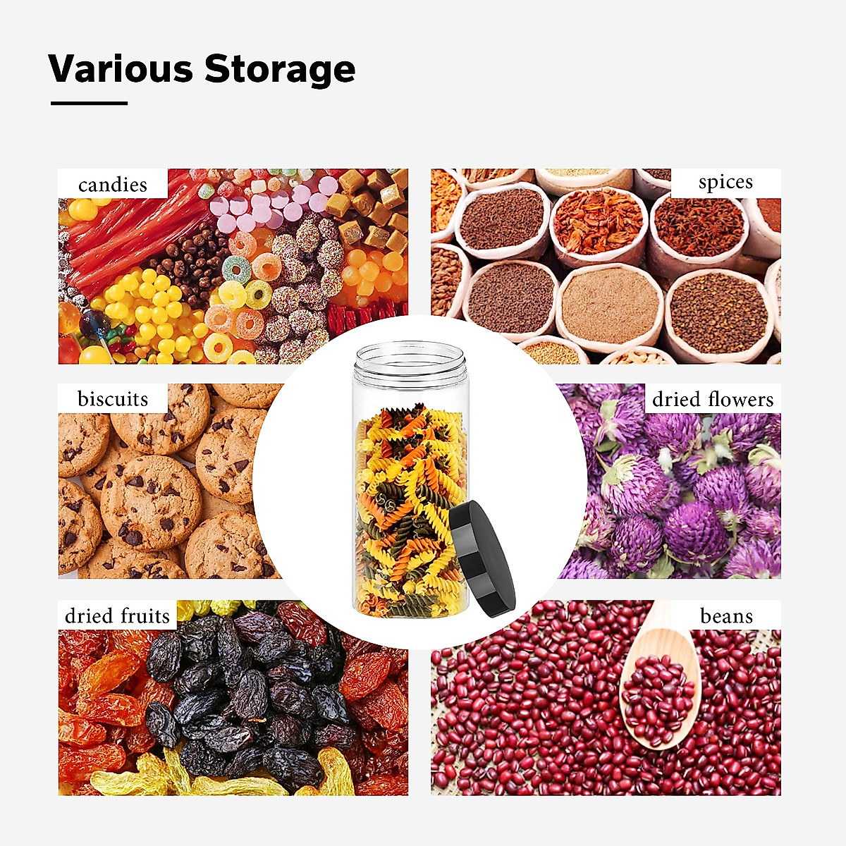 SLifeJars Plastic Jar with Lids 16oz Clear Empty Containers 16Pcs Straight Cylinders Storage Jars with Airtight Black Lid Stackable Refillable Round Plastic Jars for Kitchen Food & Home Storage