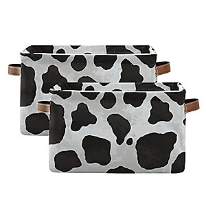 Foldable Storage Basket Cow Pattern Fabric Collapsible Organizer Basket with PU Handles, Decorative Baskets for Shelves Home Closet Bedroom Living Room - 1 Pack