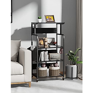 4-Tier Home Kitchen Standing Shelf Cart W/ Storage and Lockable Wheels, Tall Mobile Rolling Rack with Large Storage Space for Home Kitchen, Versatile, Durable - Black