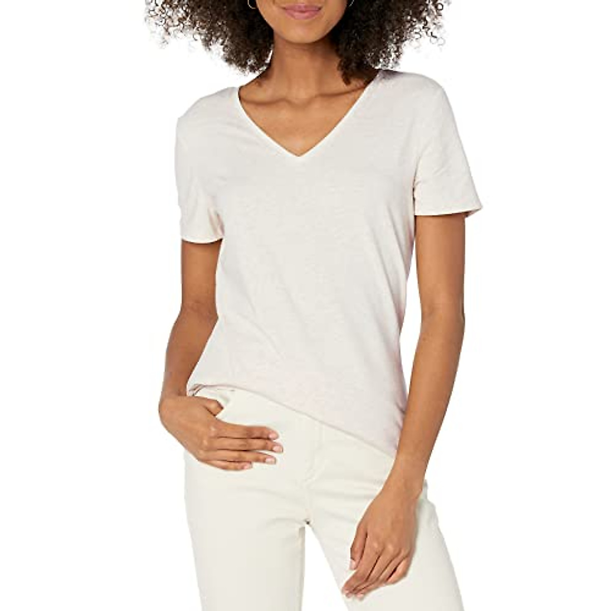 Amazon Essentials Women's Classic-Fit Short-Sleeve V-Neck T-Shirt, Pack of 2, Olive/Oatmeal Heather, Large