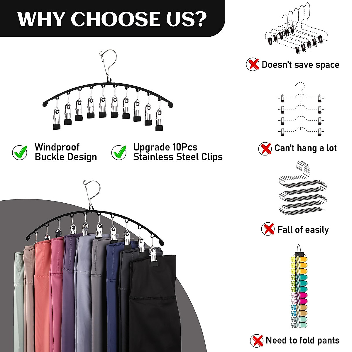 Legging Organizer & Pants Hangers for Closet, 4 Pack/40 Clips Metal Pants Hangers with Rubber Coated Clips, Hanging Storage Closet Organizer for Hat/Shorts/Jeans/Yoga Pants/Scarves/Clothes (Black)
