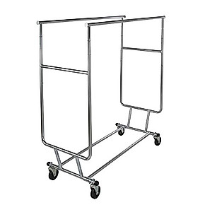 Econoco Double Hangrail Rolling Clothes Rack- Heavy Duty Collapsible Clothing Rack, Commercial Grade Clothing Display, Round Tubing Rolling Rack, Chrome