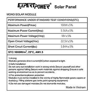 ExpertPower 100 Watt 12 Volt Monocrystalline Solar Panel, Compact Design 40.16 X 20.08 X 1.38 in, High Efficiency Module PV Power for Battery Charging Boat, Caravan, RV, Off Grid Applications