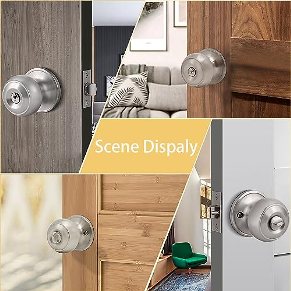 Knobonly 2 Pack Keyed Alike Door Knobs with Lock and Key, Entry Door Lock with Same Keys, Front Door Handles Lock with Key, Brushed Nickel Door Knobs with Lock and Keyes