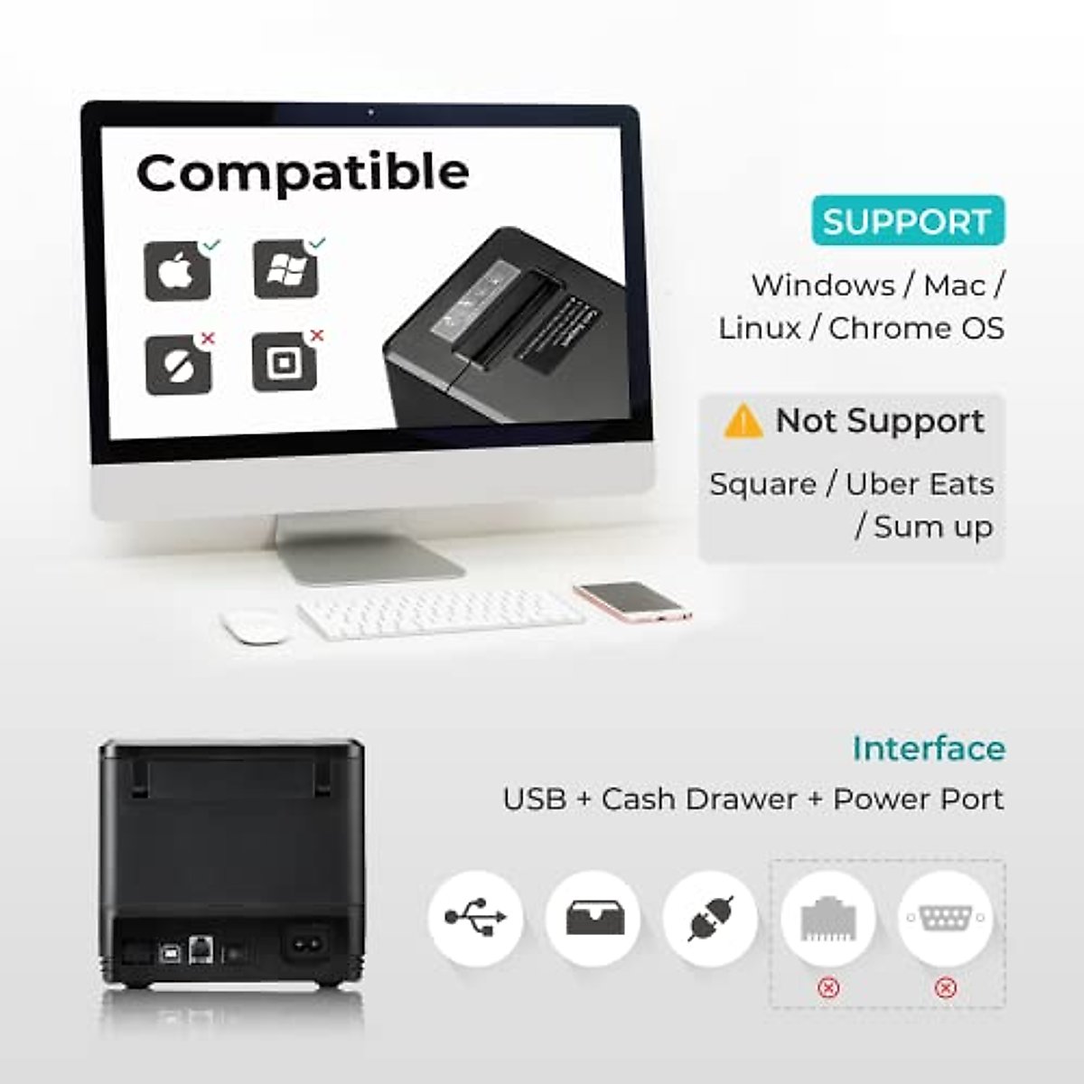 MUNBYN 80mm USB Receipt Printer, POS Printer with Auto Cutter ESC/POS Command Support Windows（Only USB Interface）