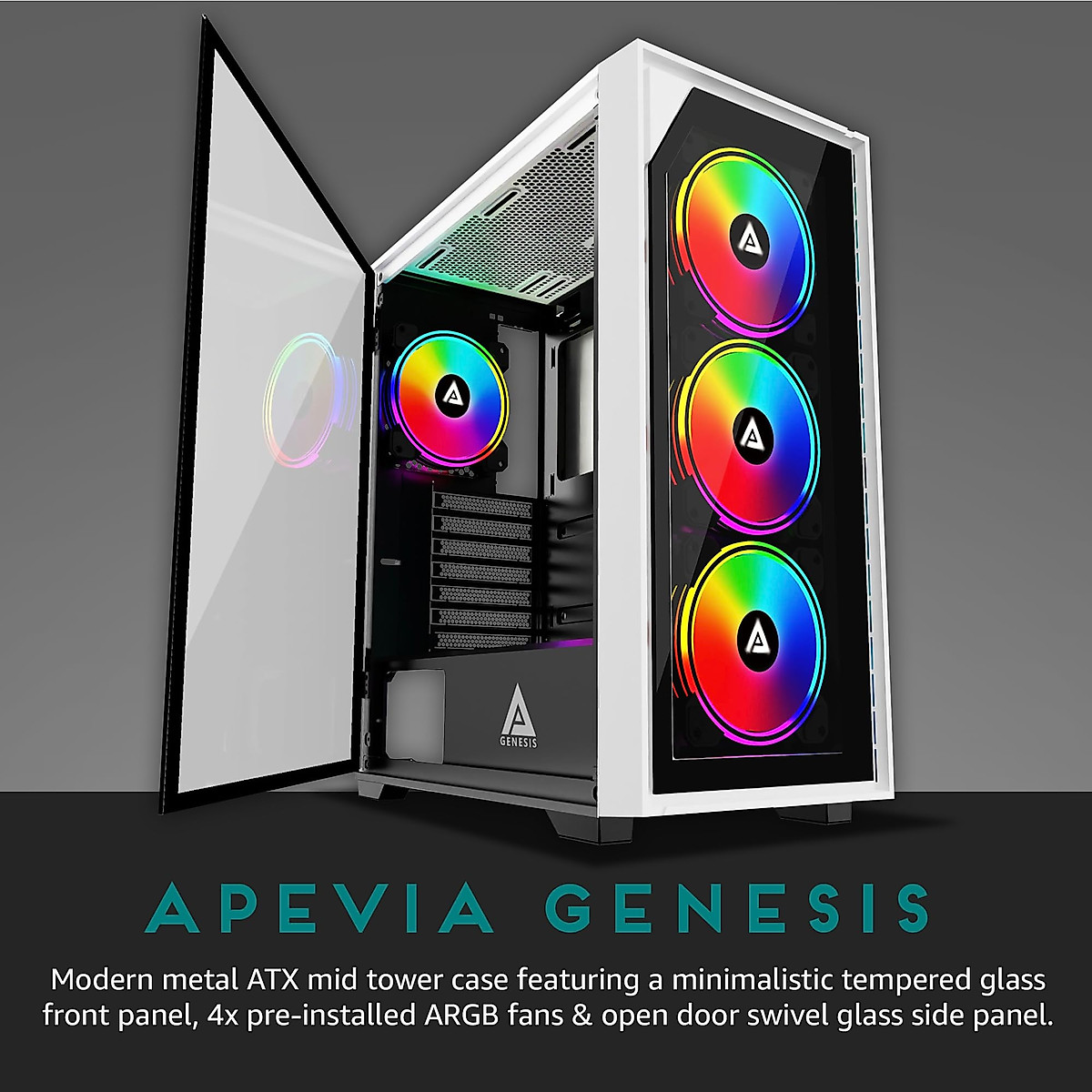 Apevia Genesis-WH Mid Tower Gaming Case with 2 x Tempered Glass Panel, Top USB3.0/USB2.0/Audio Ports, 4 x RGB Fans, White Frame