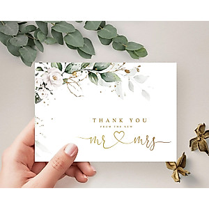 AMNADOF 100 Wedding Thank You Cards with Envelopes & Stickers | Bulk Mr and Mrs Thank You Notes Blank on the Inside | Greenery & Gold Foil Thank You From the New Mr & Mrs.