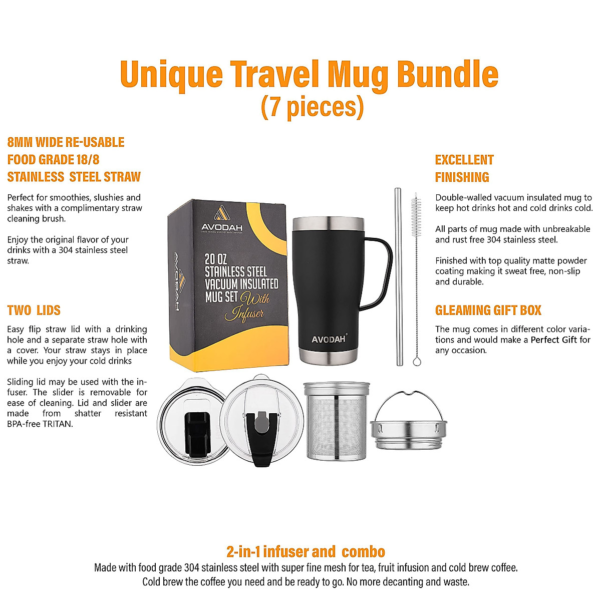 AVODAH 20 oz Tea Cup with Tea Infuser and Lid. Tea Infuser Mug with Tea Strainer, Two Lids & Straw. Coffee Travel Mug with Tea Accessories for Cold Brew (Black)