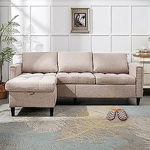 BALUS Reversible Sectional Couch Set 3 Seat L Shaped Modular Sofa Bed with Flexible Storage Ottoman Chaise Modern Sofa Couches for Living Room Apartment Office - Beige