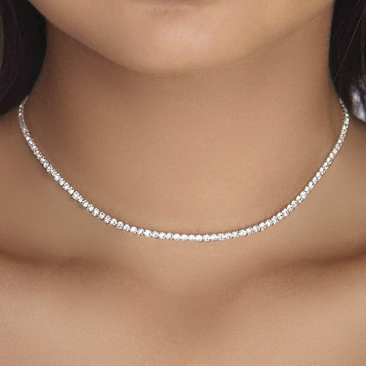 Avanlin Rhinestone Choker Necklaces Silver Plated 1 Layer Necklace Chain Jewelry for Women