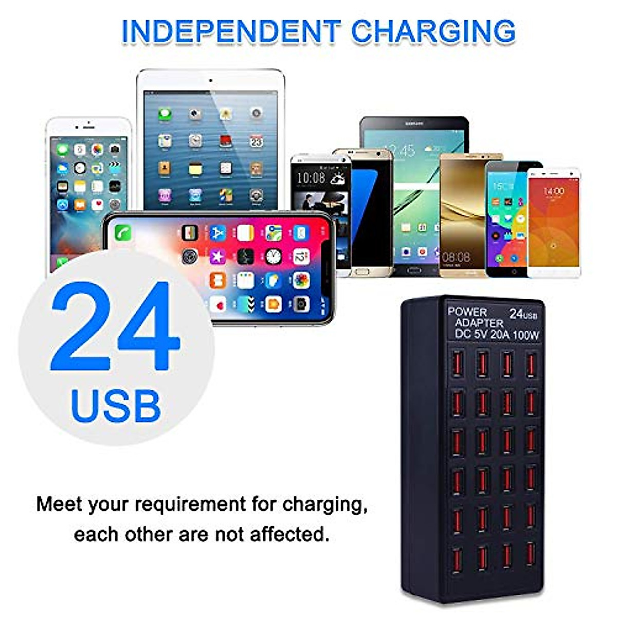 24-Port 100 watt (20 A) USB Charging Station, Home Desktop USB Fast Charger, Multiple USB Desktop Chargers, Suitable for Hotels, Shops, Schools, Shopping malls and Travel