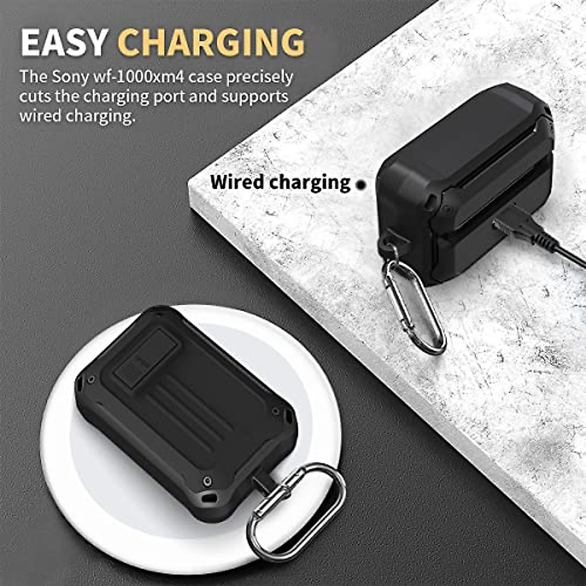 WOFRO Secure Lock Case for Sony WF-1000XM4, Shock-Absorbing Protective Cover Military Armor Series Full-Body Scratch Resistant Hard Shell with Keychain(Black)