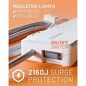 ECHOGEAR PowerBlitz Surge Protector Power Strip with USB-A & USB-C Ports - Low Profile Design with Braided 6' Cord, Flat Plug & 2160 Joules of Multi Outlet Surge Protection - White