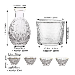 WINIAER Glass Sake Set, Clear Glass Sake Bottle Set Including 1 Warming Mug, 1 Sake Pot, 4 Sake Cups, Sake Set Hot Sake or Iced Sake for Sake Lovers