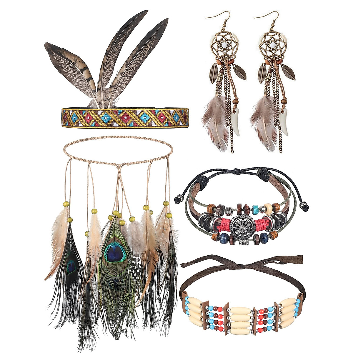 Hicarer 5 Pieces Indian Native American Jewelry Set Includes Feather Headdress Faux Peacock Feather Hair Band Boho Dream Catcher Dangle Earrings Choker Necklace Bracelet for Women Catcher Tassel