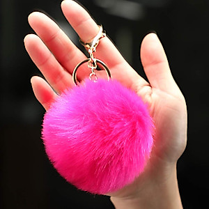 Soleebee Soft Artificial Rabbit Fur Keychain Plush Ball Key Ring Cute Pom Pom Bag Charm for Women Girls (A-Hot Pink)