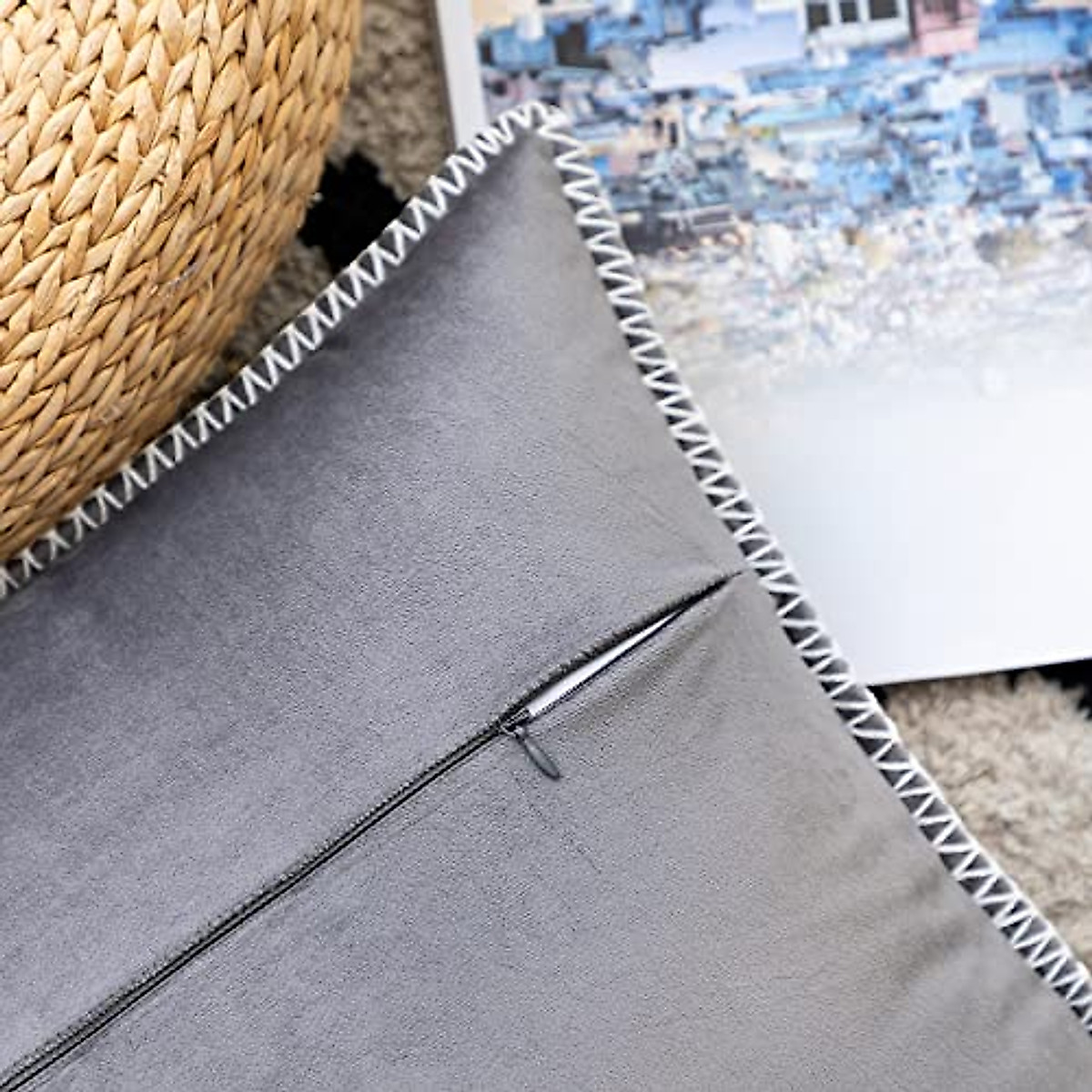 GAWAMAY Gray Throw Pillow Covers 16x16 Inch Soft Navy Blue Velvet Pillow Cover with Modern Chenille Edge, Winter Farmhouse Decorative Pillow Caces for Holiday Living Room Sofa Couch Beding (40x40cm)