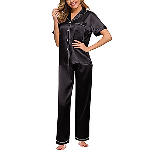 Aniywn Women's Satin Pajamas Sets Casual Short Sleeve and Long Pant Loose Underwear Nightwear Lingerie Silk Pajamas Suit Black