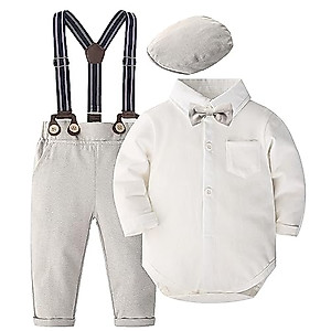 SALNIER Baby Boy Dress Suit Clothes Sets Infant Tuxedo Gentleman Suits Outfits Bowtie Shirt Suspenders Pants Beret Hat 0-24M(Gray 2,12-18 Months)