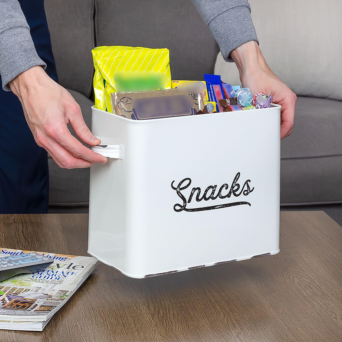 AuldHome Rustic Snack Bin, White Enamelware Snack Container Perfect for Single Serving Snacks