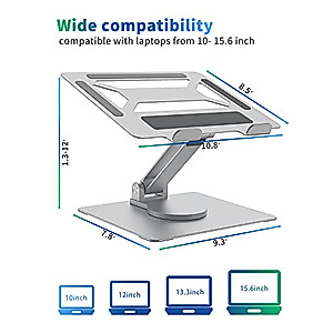 SOUNDANCE Adjustable Laptop Stand with 360° Rotating Heavy Base, Ergonomic Laptop Riser for Desk, Stable Laptop Holder for Collaborative Working, Suit for 10-15.6" PC Computer, Single Shaft, Silver
