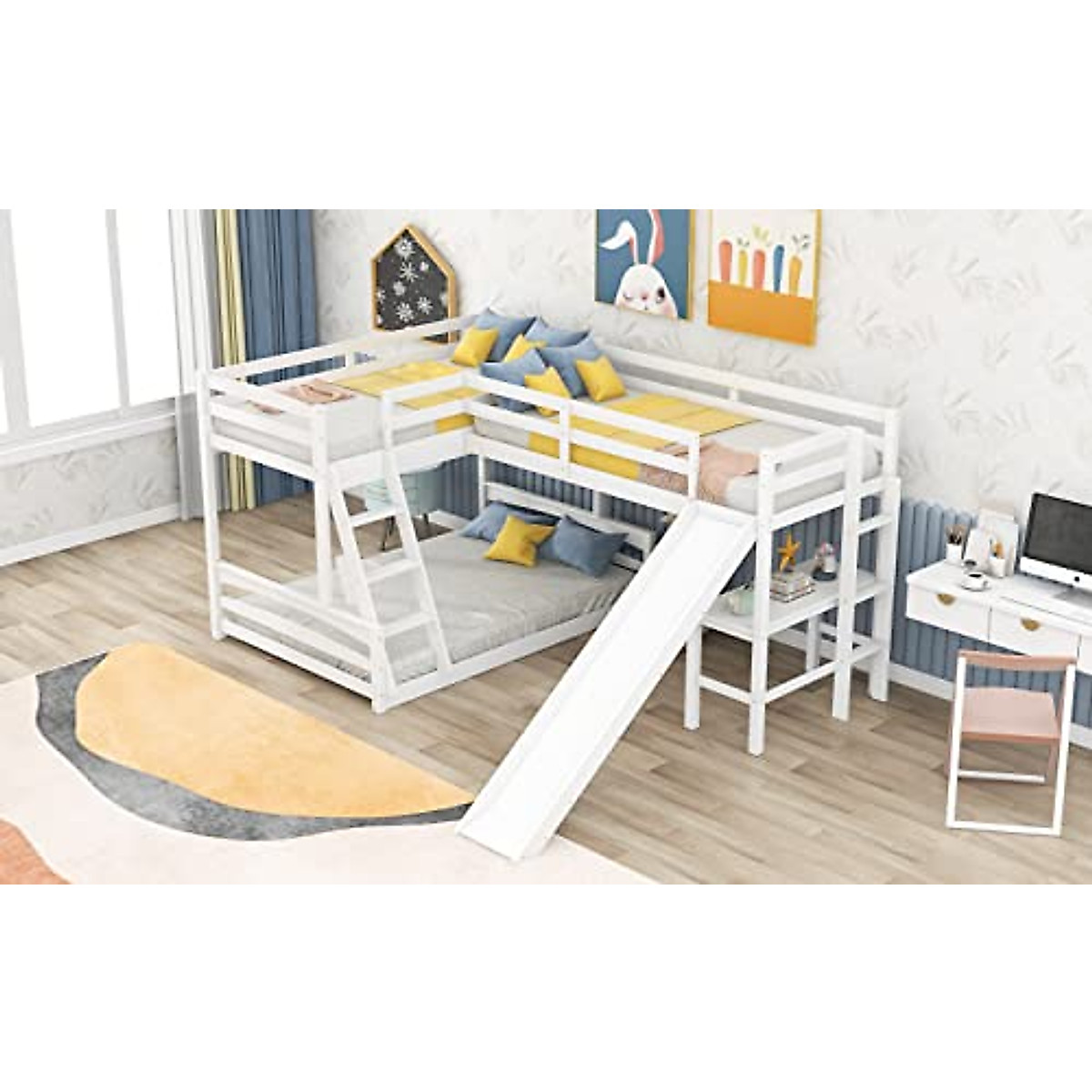 GINGVAT L Shaped Bunk Beds for 3, Wooden Triple Bunk Bed with Slide and Desk, Twin Over Full Bunk Bed & Twin Size Loft Bed with Desk for Kids Teens,No Spring Box Needed,White